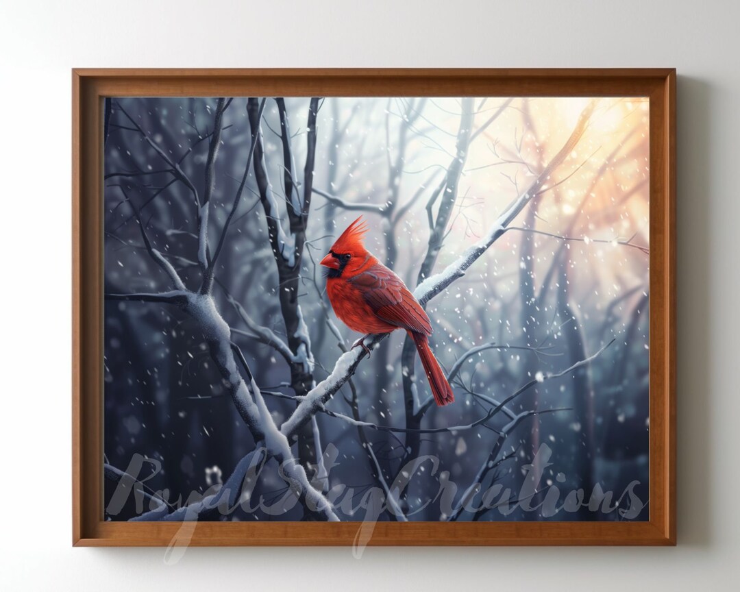 Winter Cardinal Painting DIGITAL Art, Rustic Landscape PRINTABLE ...
