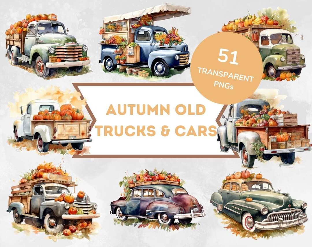 51 Autumn Trucks & Cars Clipart, Watercolor Clipart, Fall Season ...