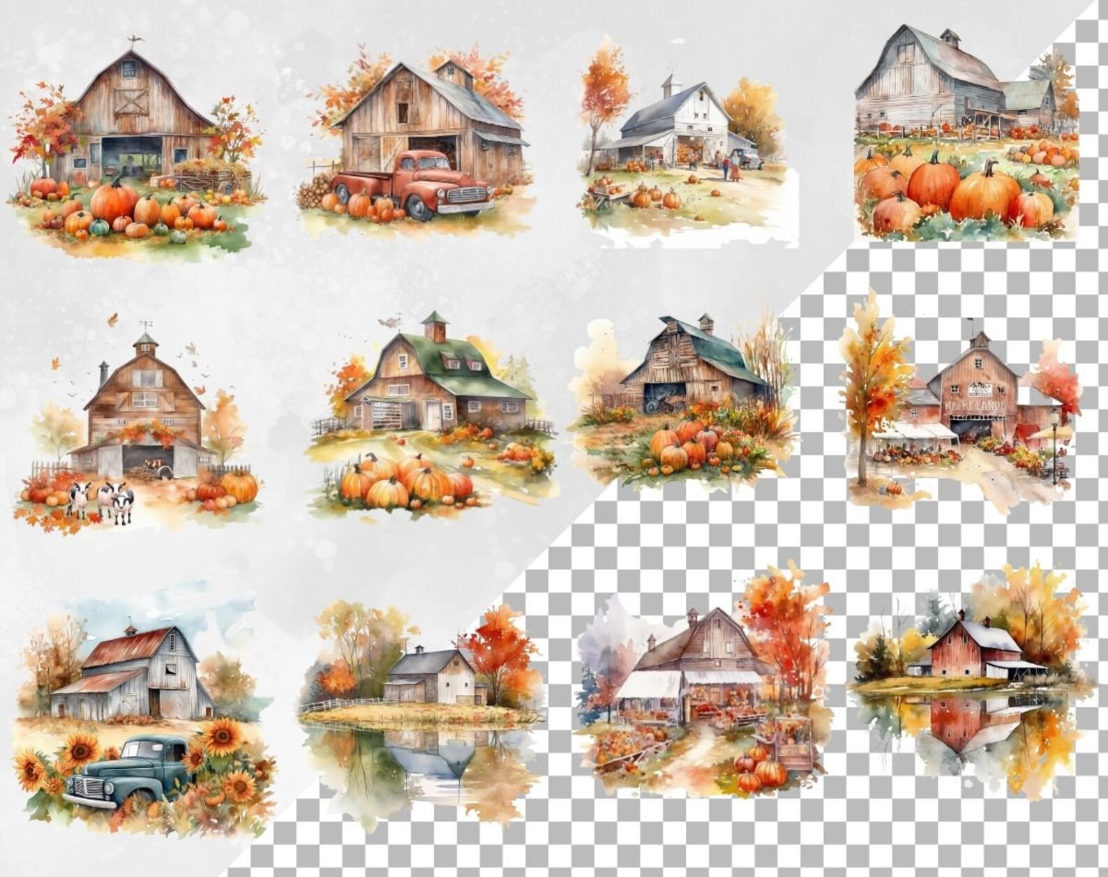 40 Autumn Farm Barn Clipart, Watercolor Clipart, Fall Season, Scrapbook ...