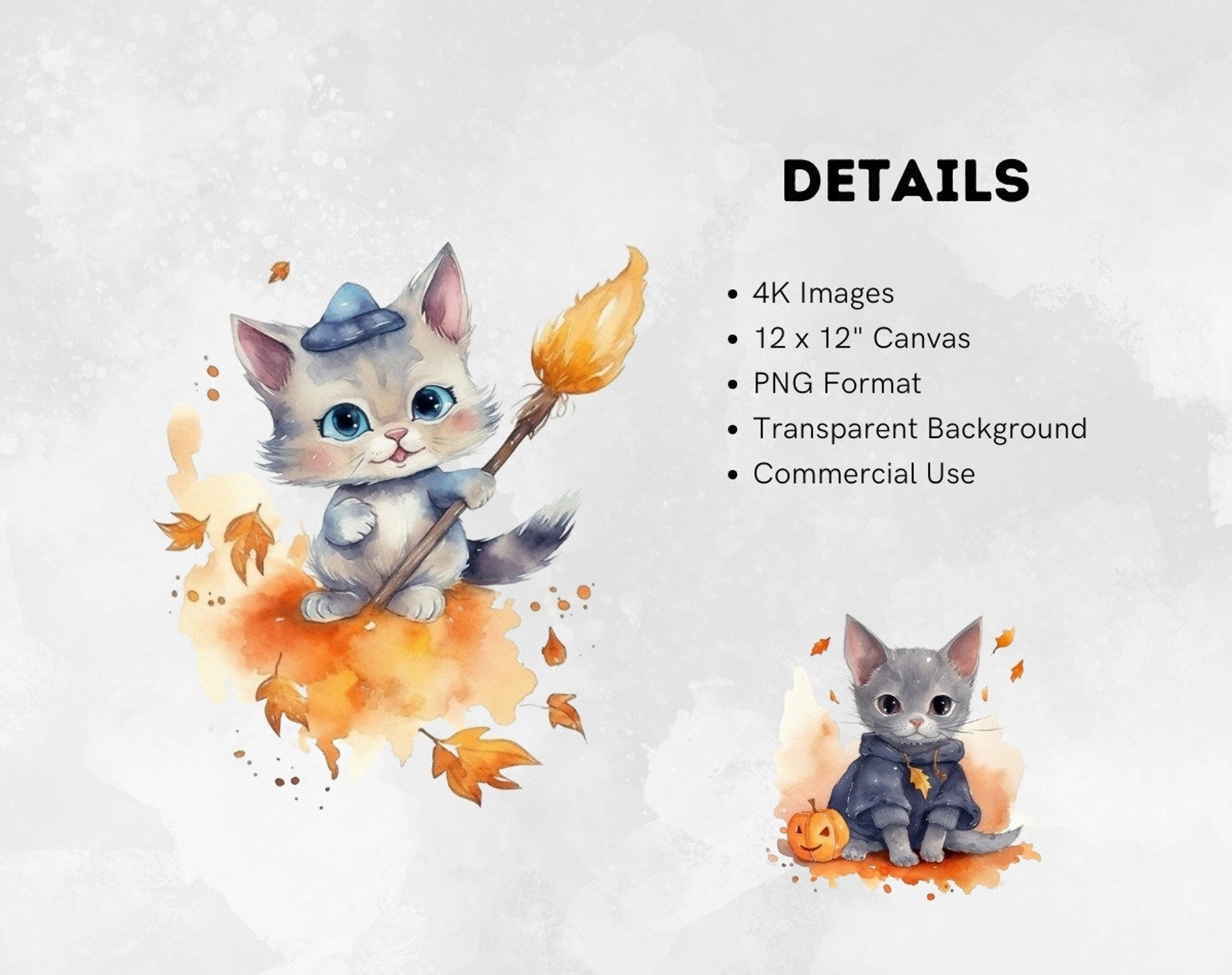 Cute Halloween Cats - Watercolor Clipart Bundle of 34 - Transparent ...