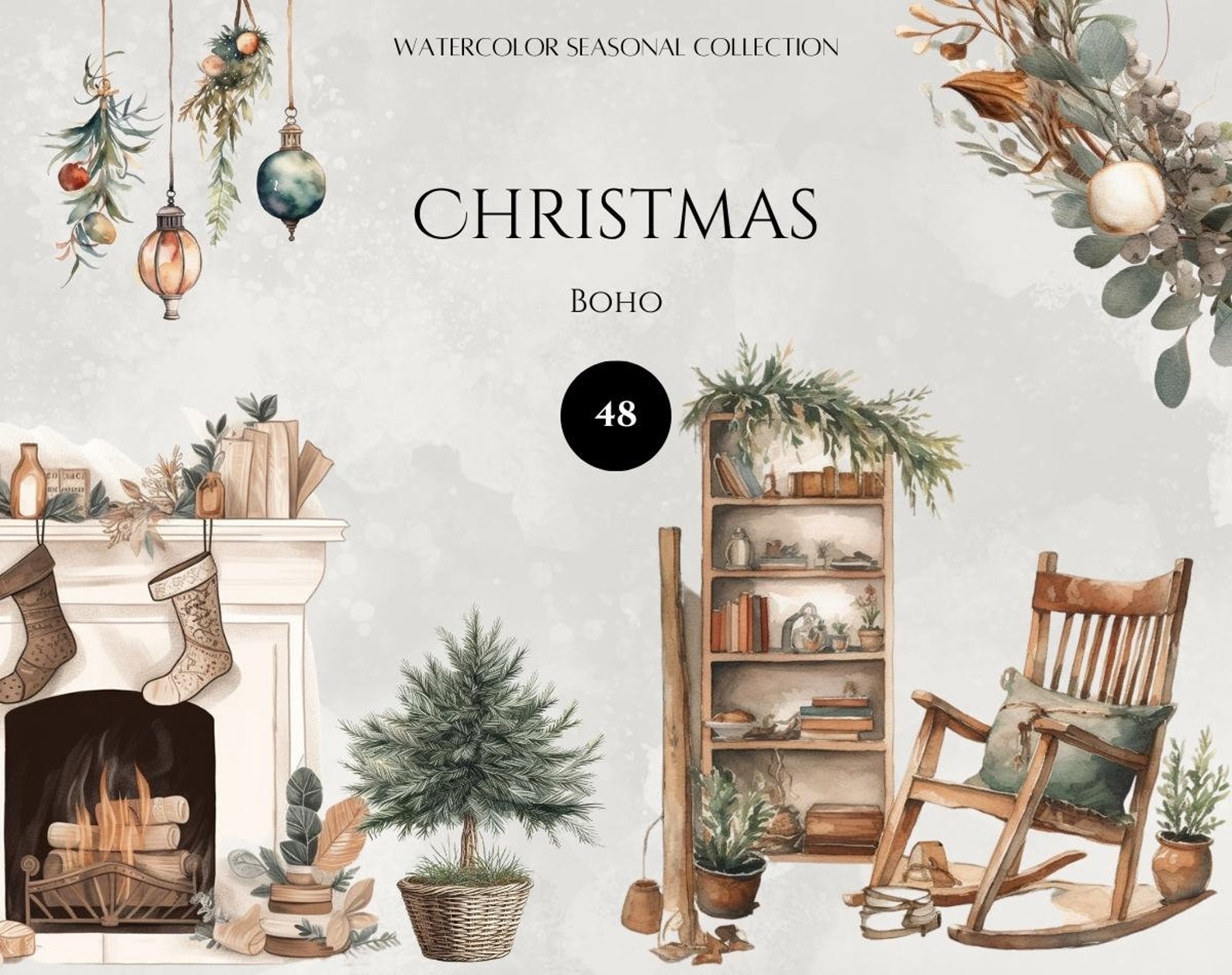 Boho Christmas Clipart Bundle, Graphics, Instant Digital Download ...