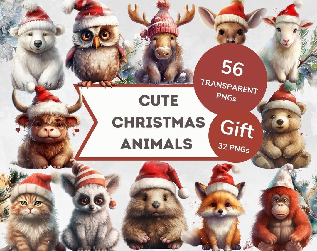 Cute Christmas Animals Clipart Bundle 56 PNG Images 32 PNG GIFT ...