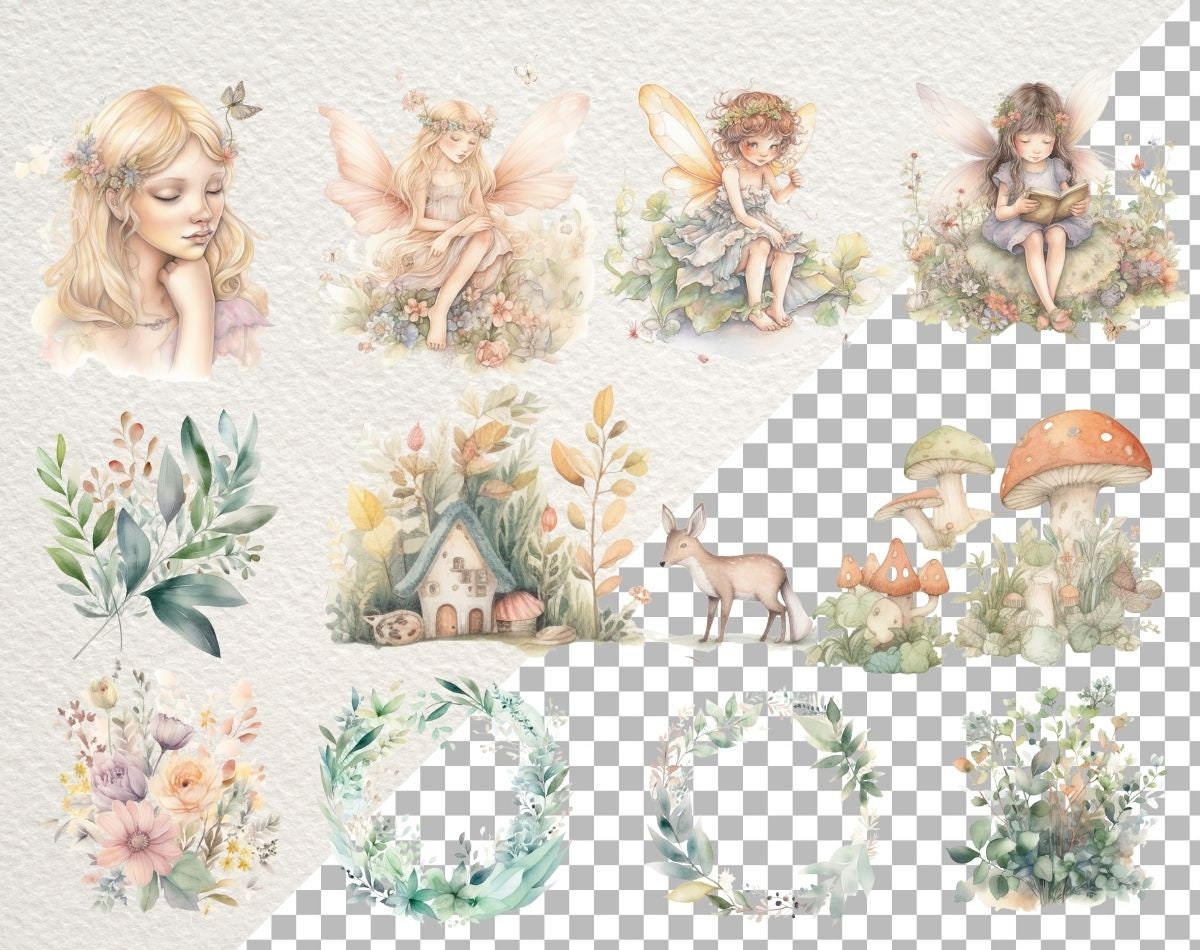 38 Fairy Garden Watercolor Clipart, Enchanted Forest, Fairy Tale ...