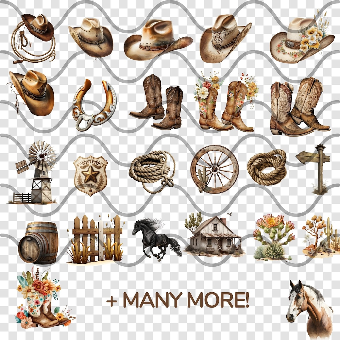 43 Watercolor Western Clipart, Transparent Background, Texas Cowboy ...