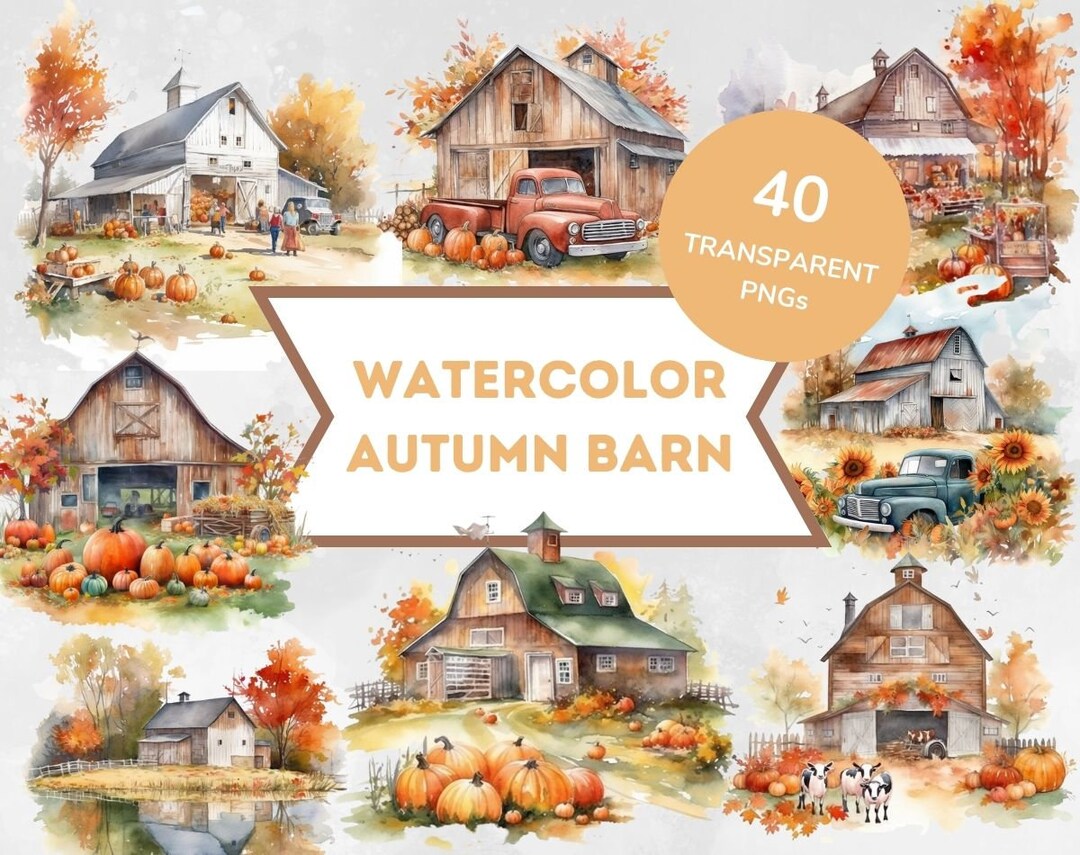 40 Autumn Farm Barn Clipart, Watercolor Clipart, Fall Season, Scrapbook ...