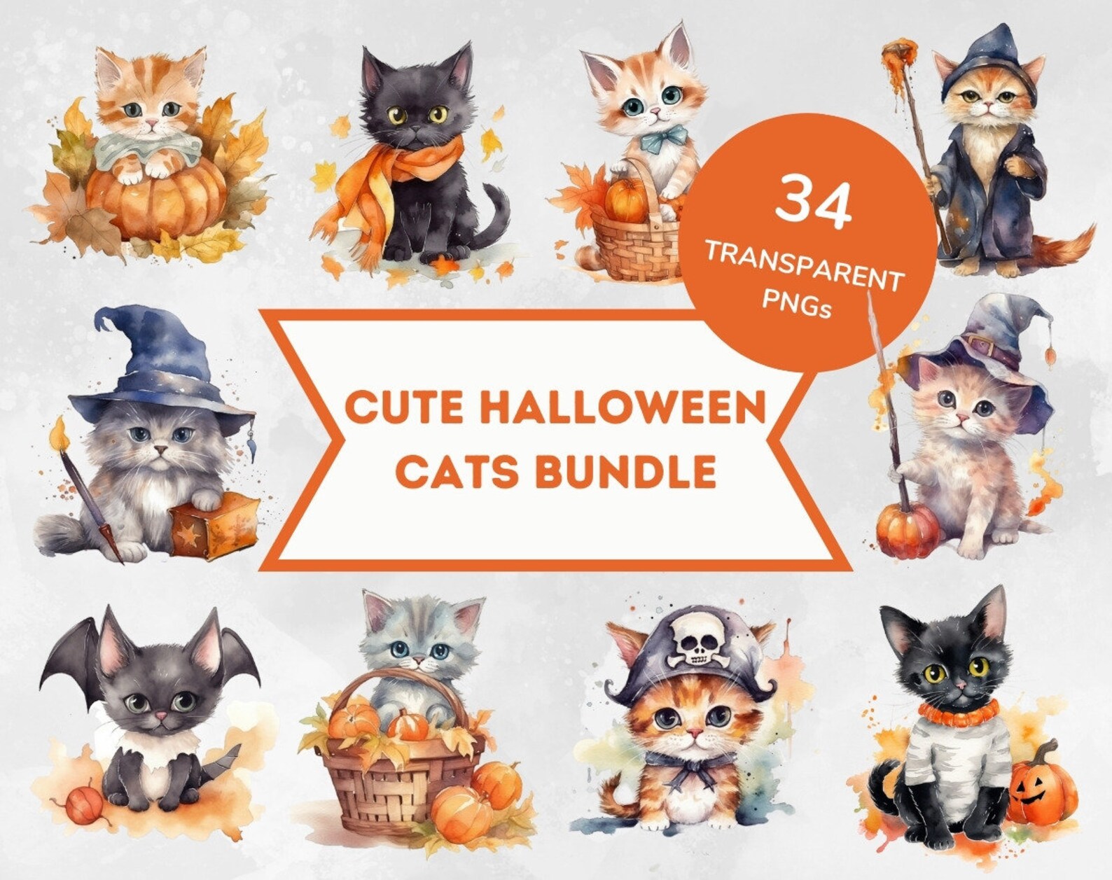 Cute Halloween Cats - Watercolor Clipart Bundle of 34 - Transparent ...