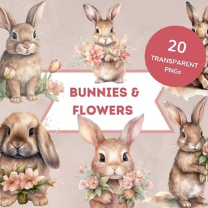 Bunnies & Flowers Watercolor Clipart Bundle - Graphics, Invitations ...