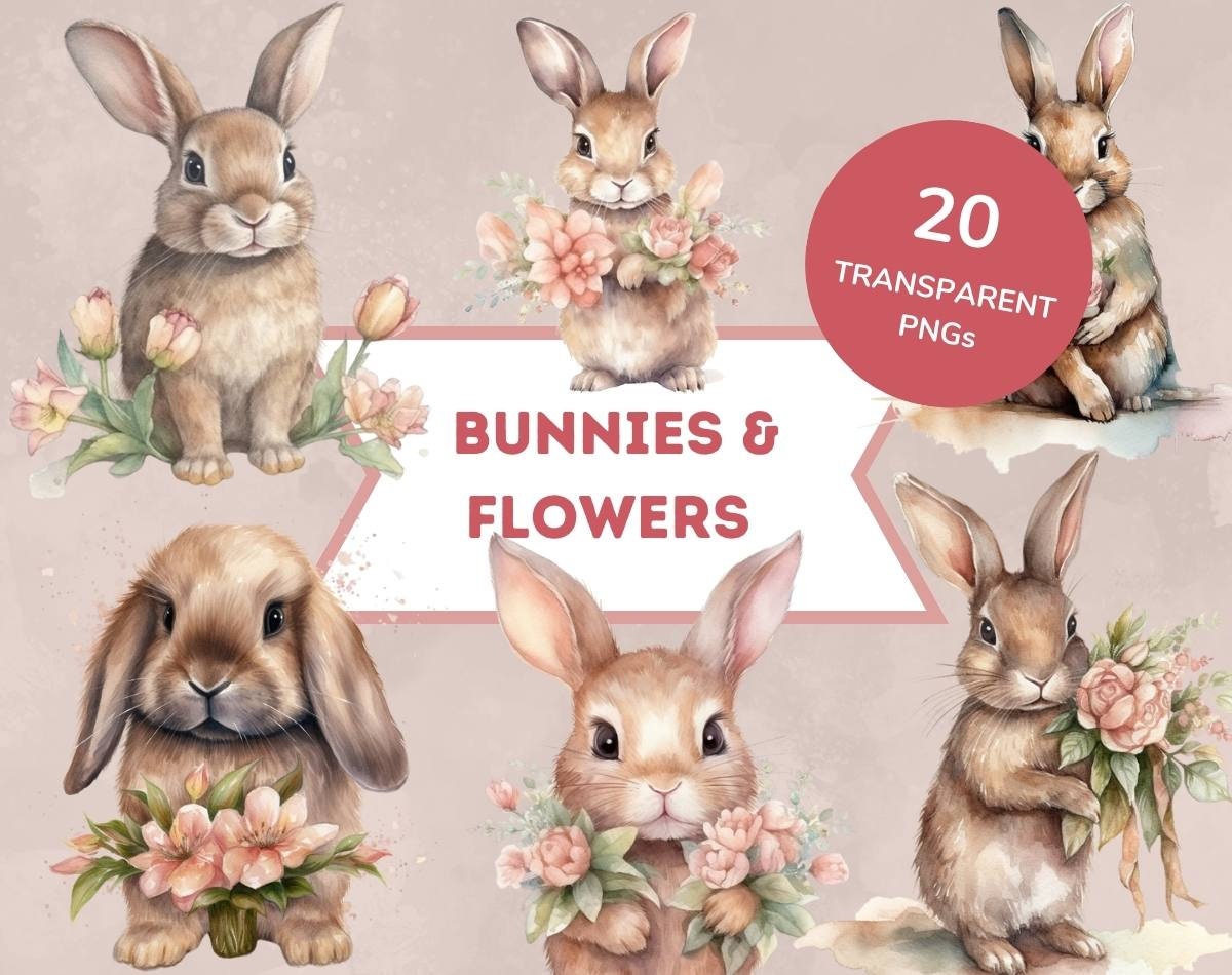 Bunnies & Flowers Watercolor Clipart Bundle - Graphics, Invitations ...
