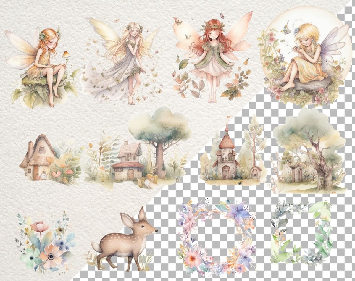 38 Fairy Garden Watercolor Clipart, Enchanted Forest, Fairy Tale ...
