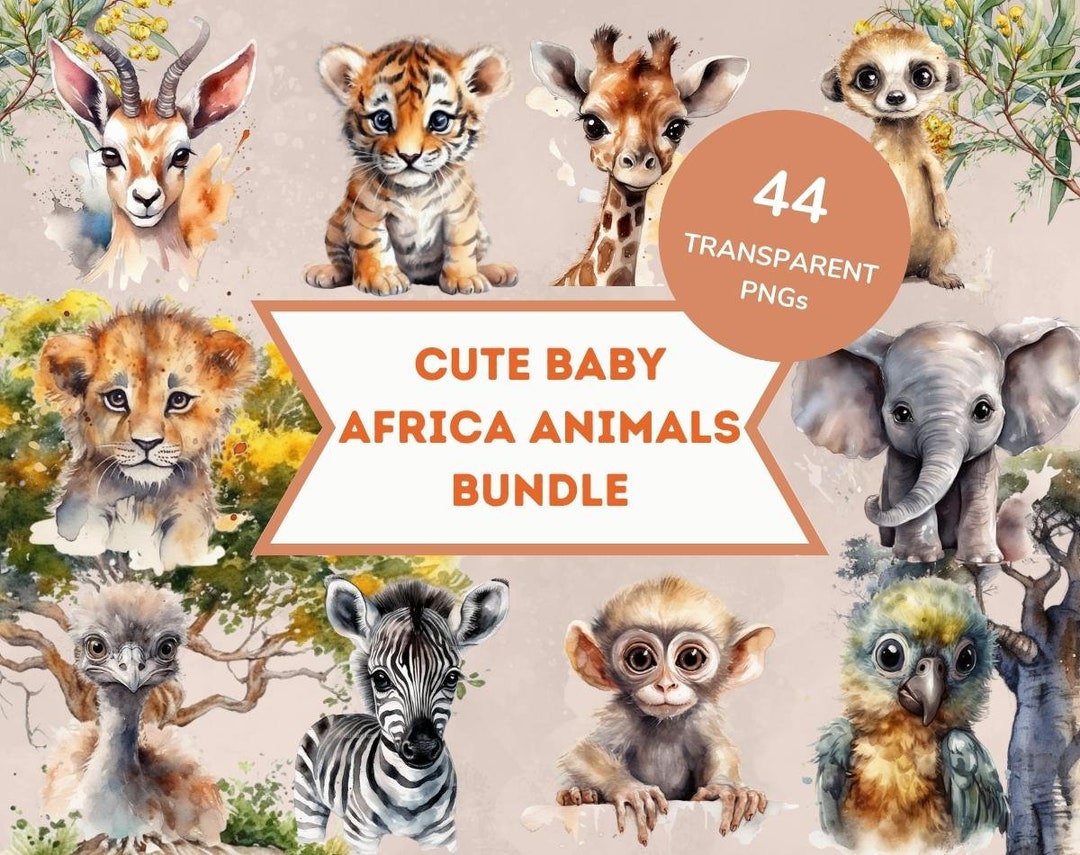 Cute Baby African Animals Watercolor Clipart Bundle - 44 PNG Graphics ...