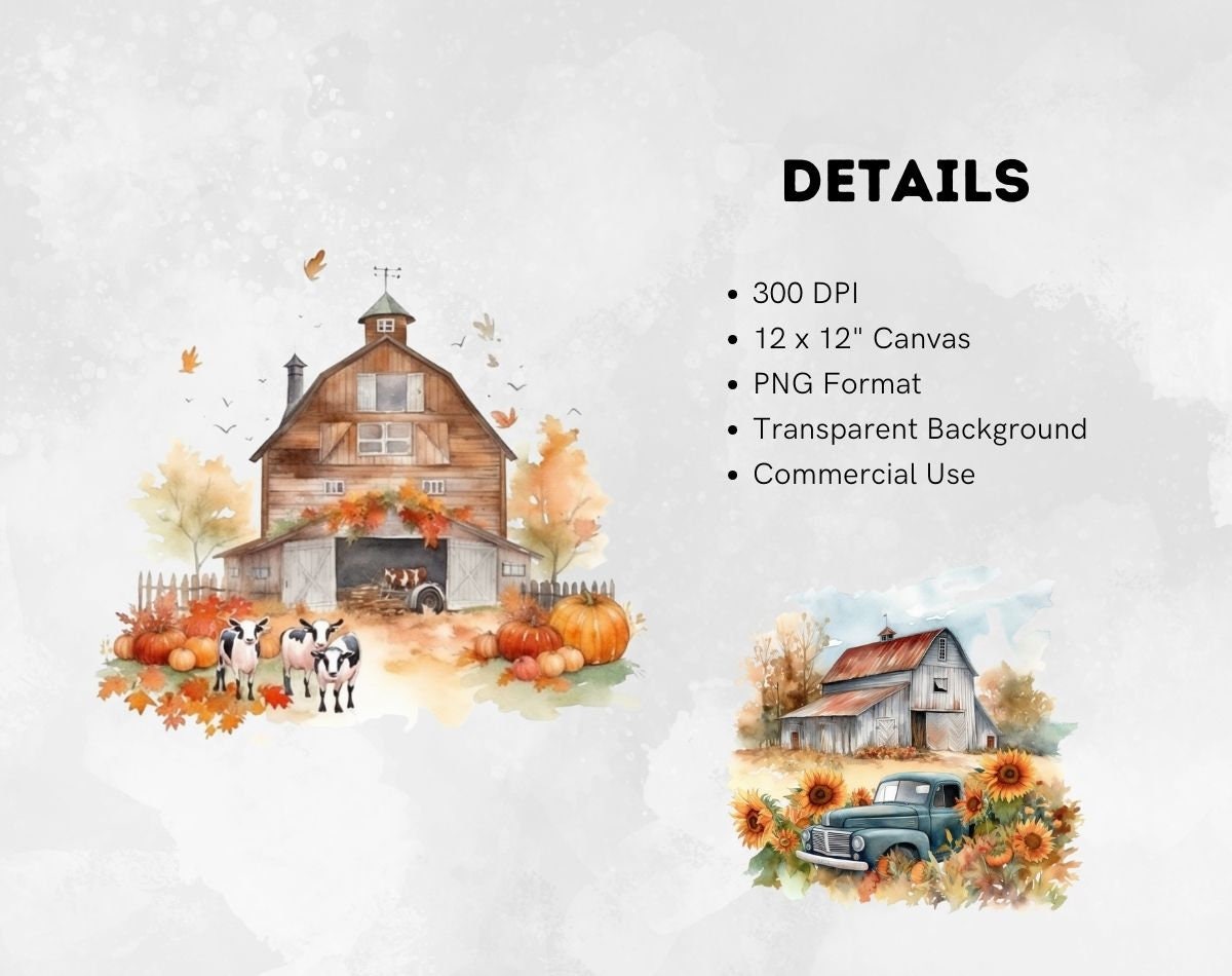 40 Autumn Farm Barn Clipart, Watercolor Clipart, Fall Season, Scrapbook ...
