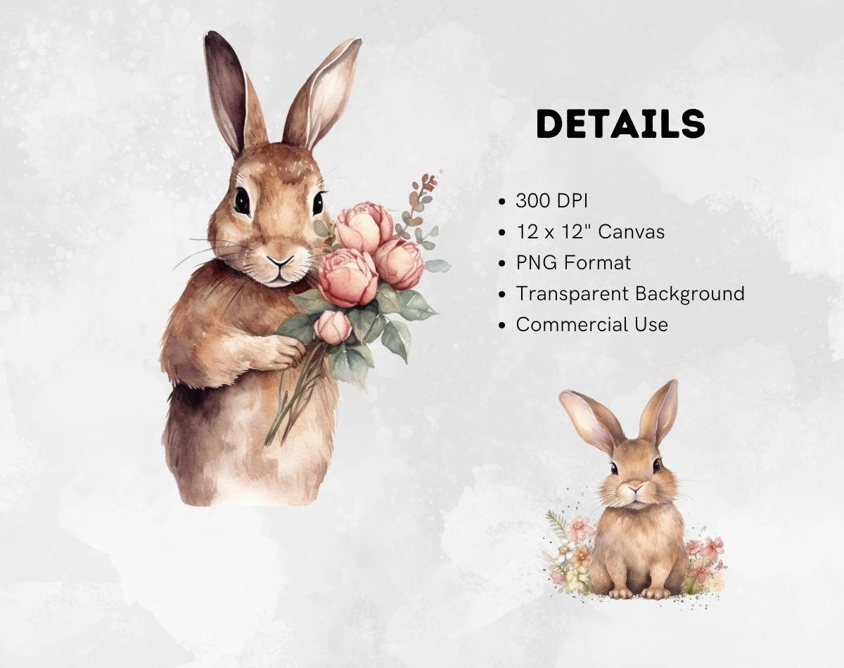Bunnies & Flowers Watercolor Clipart Bundle - Graphics, Invitations ...