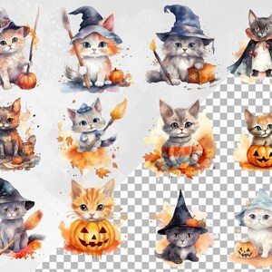 Cute Halloween Cats - Watercolor Clipart Bundle of 34 - Transparent ...