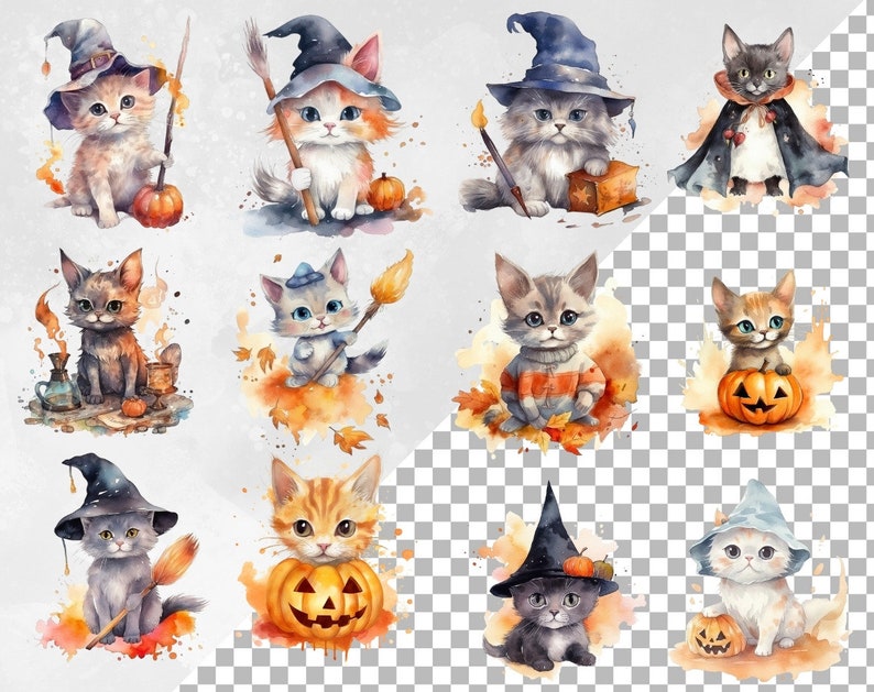 Cute Halloween Cats - Watercolor Clipart Bundle of 34 - Transparent ...