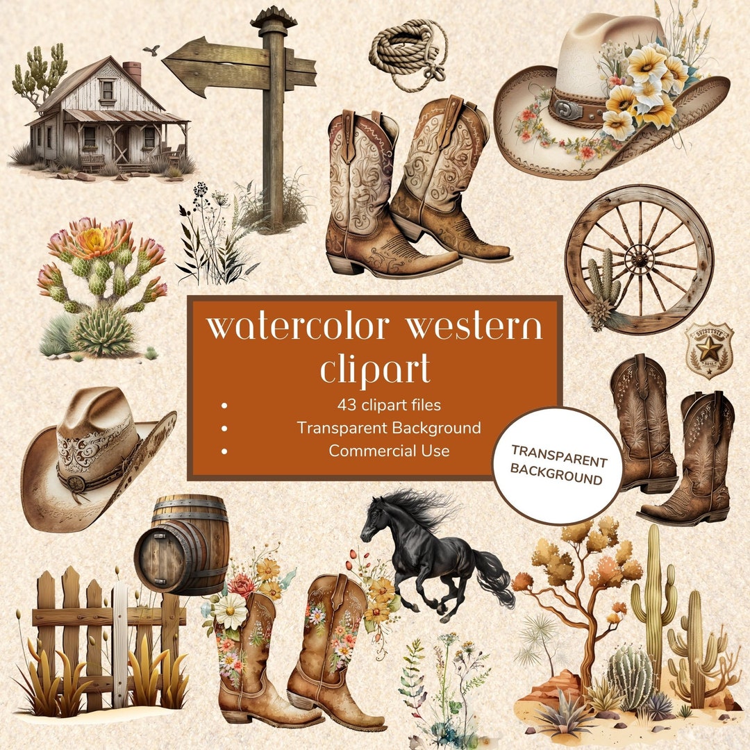 43 Watercolor Western Clipart, Transparent Background, Texas Cowboy ...