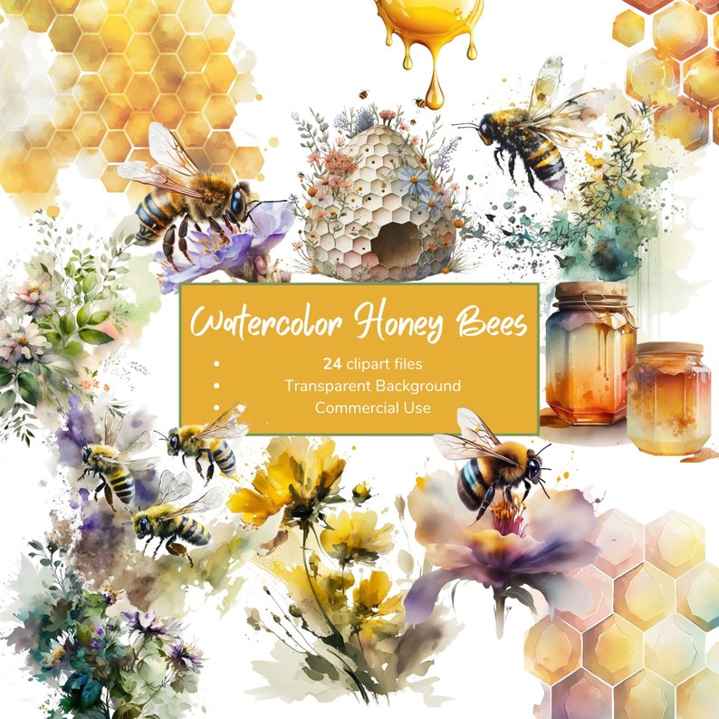 Watercolor Honey Bee Clipart, Spring Garden Bee and Honey Drips Clip ...