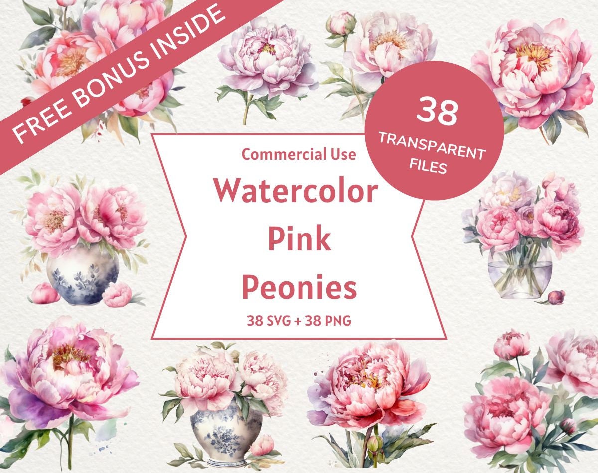 38 Watercolor Pink Peony Clipart PNG and SVG Instant - Etsy