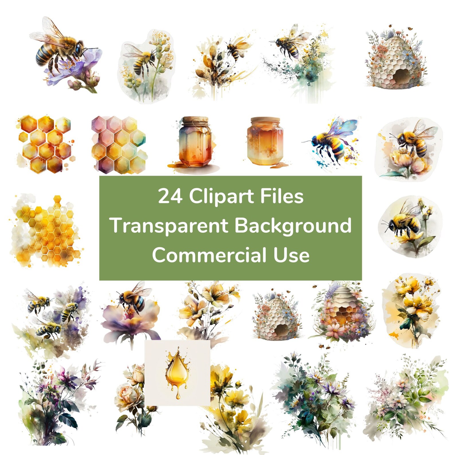 Watercolor Honey Bee Clipart, Spring Garden Bee and Honey Drips Clip ...