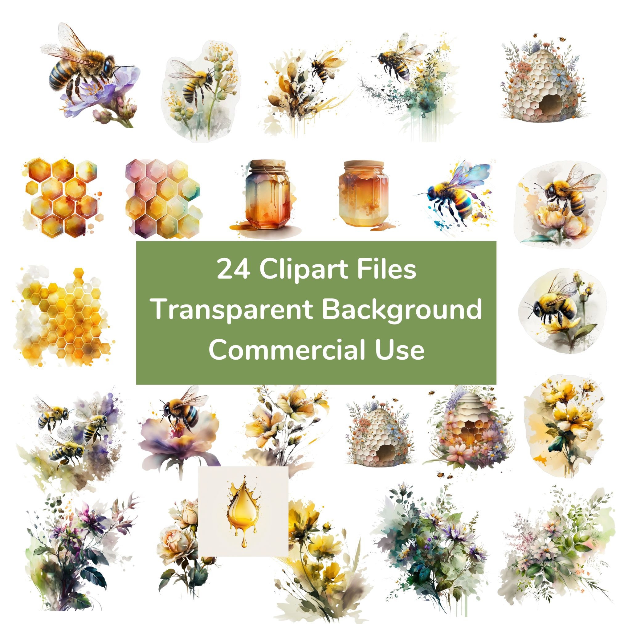 Watercolor Honey Bee Clipart, Spring Garden Bee and Honey Drips Clip ...