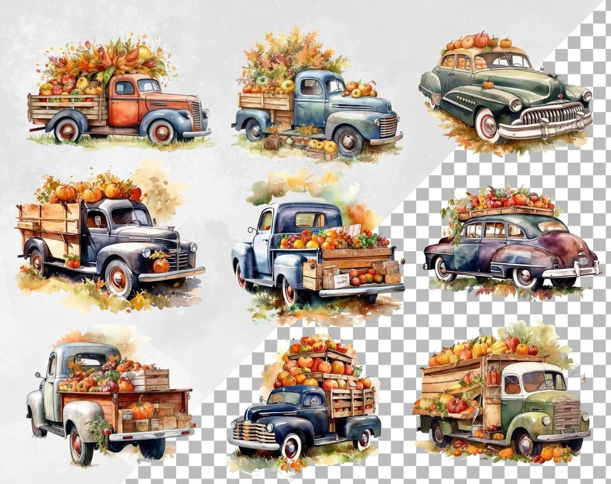 51 Autumn Trucks & Cars Clipart, Watercolor Clipart, Fall Season ...