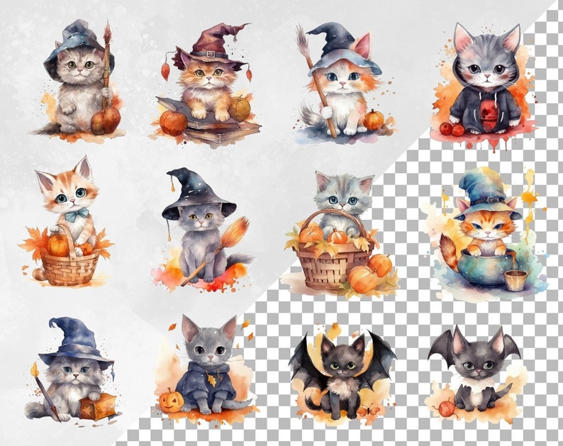 Cute Halloween Cats - Watercolor Clipart Bundle of 34 - Transparent ...