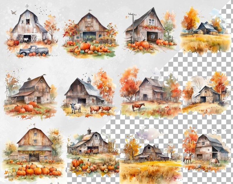 40 Autumn Farm Barn Clipart, Watercolor Clipart, Fall Season, Scrapbook ...