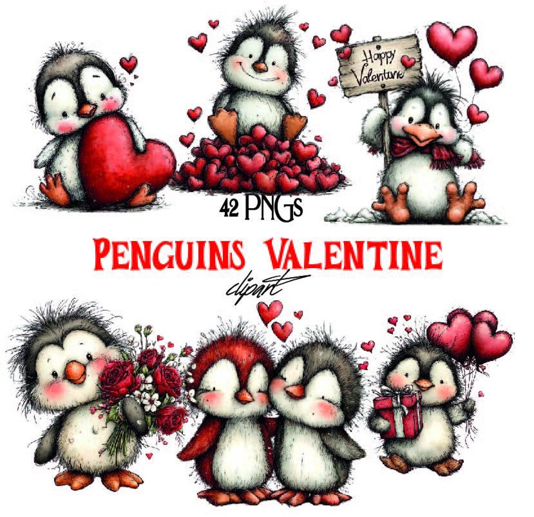 Whimsical Penguins Valentine Clipart — 42 Watercolor Pngs, Digital ...