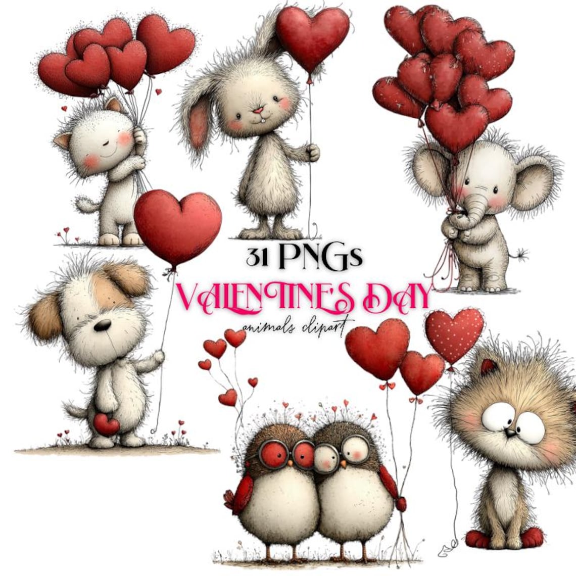 Animals Valentine's Day Clipart - 31 Pngs | Festive, Whimsical Graphics ...