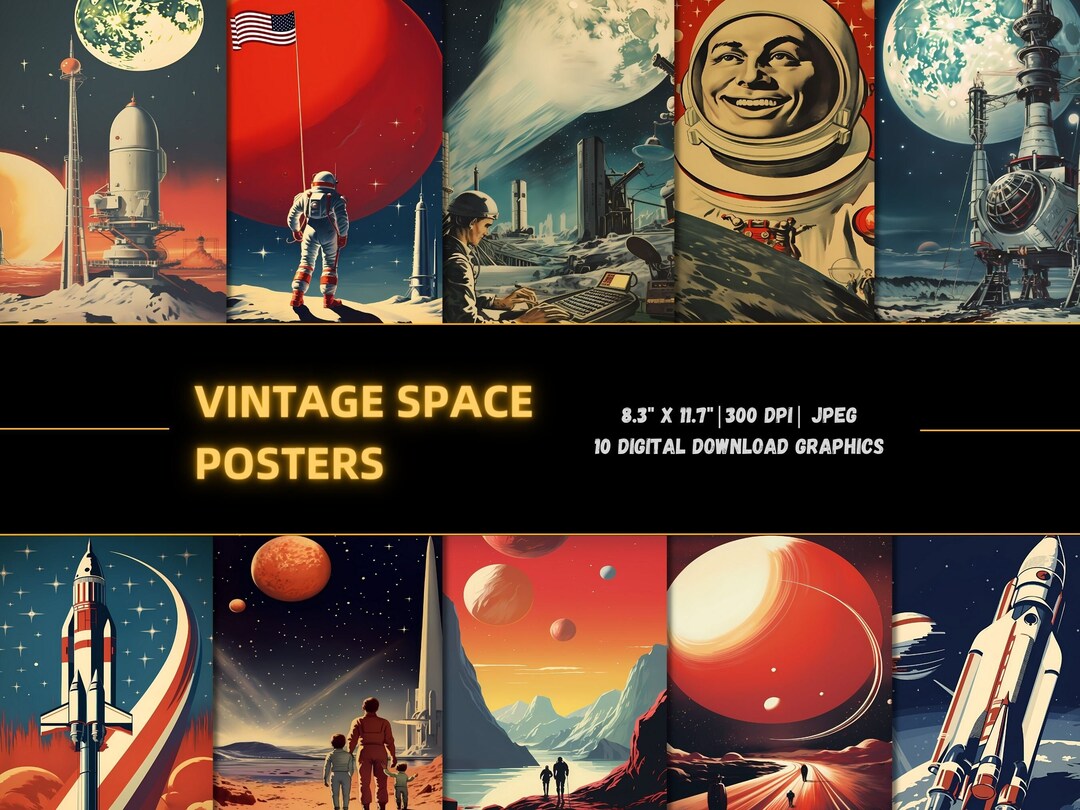 Vintage Space Posters Set, Retro Postcards Kit, Digital Download, Wall ...