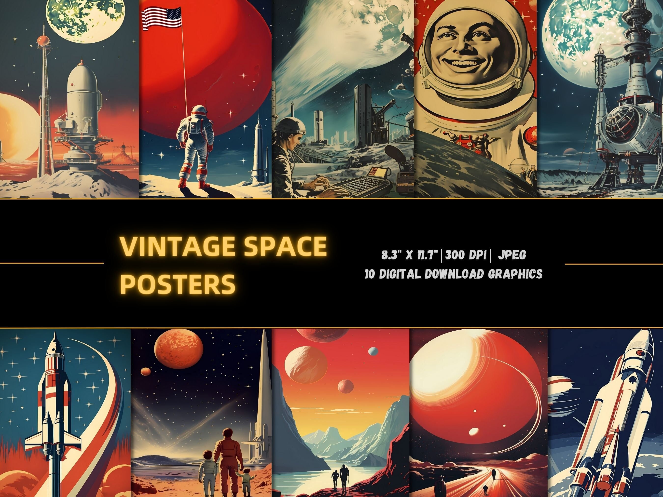 Vintage Space Posters Set, Retro Postcards Kit, Digital Download, Wall Decoration, Printable ...