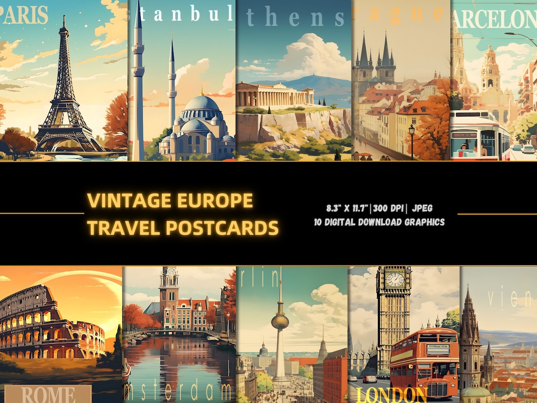 Vintage Travel Postcards, Retro Europe Cities Posters, Landmarks, Home ...
