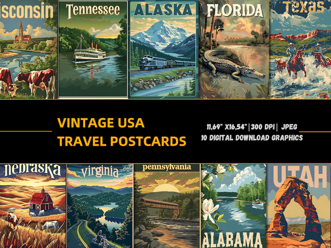 Vintage USA Travel Postcards Kit, Retro Posters, Digital Download ...
