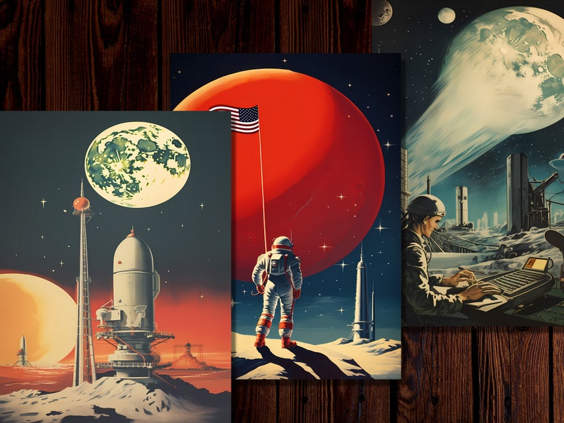 Vintage Space Posters Set, Retro Postcards Kit, Digital Download, Wall ...