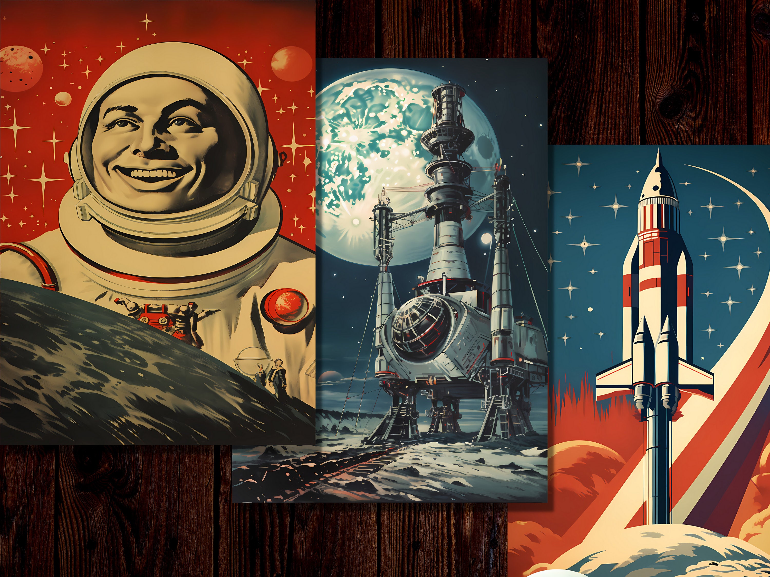 Vintage Space Posters Set, Retro Postcards Kit, Digital Download, Wall ...