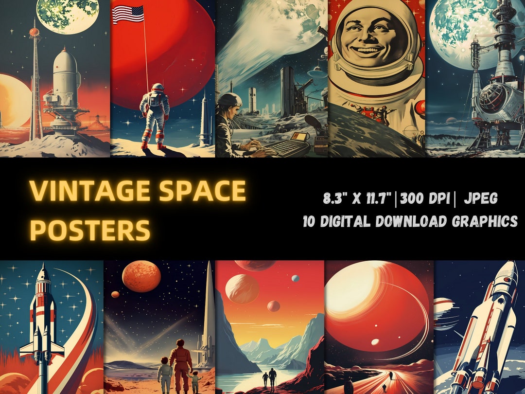 Vintage Space Posters Set Retro Postcards Kit Digital - Etsy