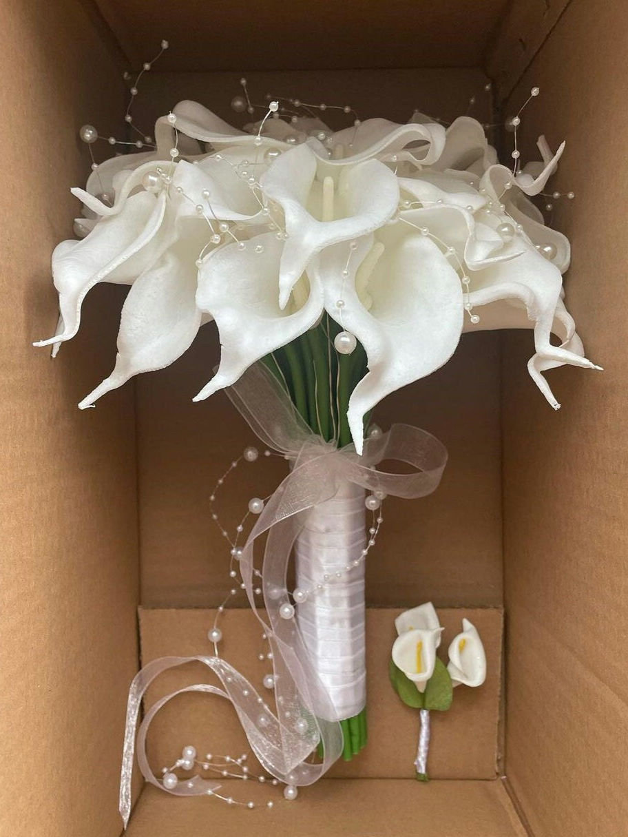 Chic Calla Lily White Bridal Bouquet With Boutonniere, Calla Lily ...