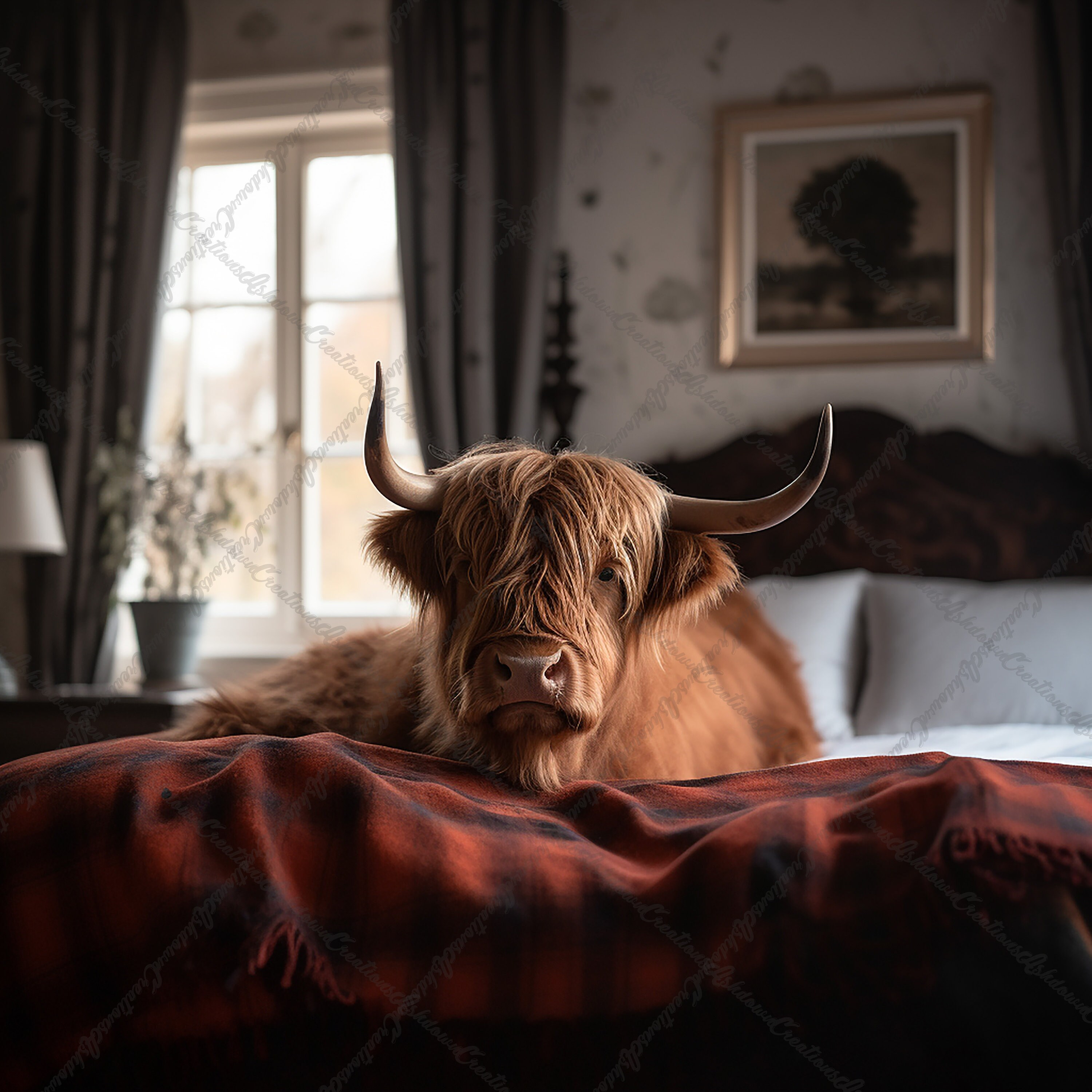 Highland Cow on Bed, Sofa, Bathtub, Cow, Funny Wall Prints, Animal on ...