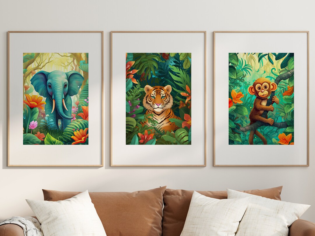 Set of 3 Colourful Nursery Jungle Animals, Monkey, Elephant, Tiger ...
