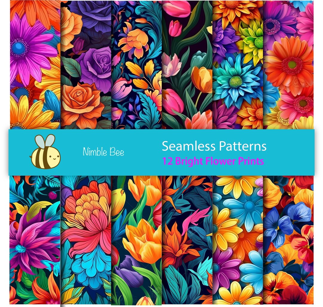 PNG Bundle 12 Bright Flower Seamless Patterns. Versatile Design for ...