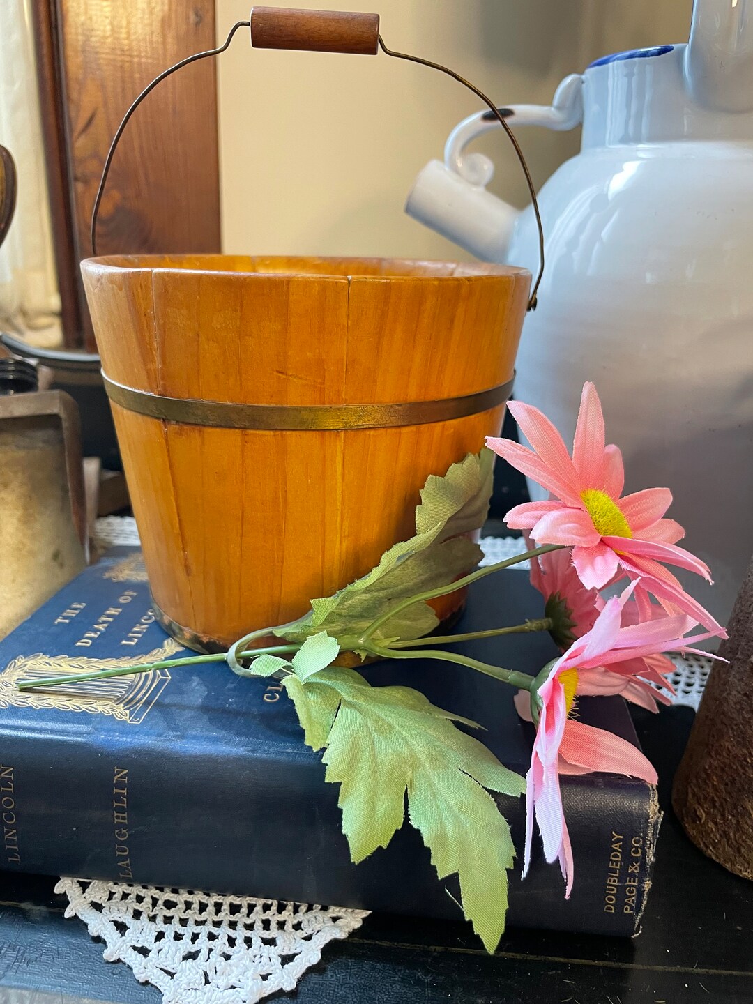 Small Primitive Wooden Bucket W/handle/double Banding/farmhouse Decor ...