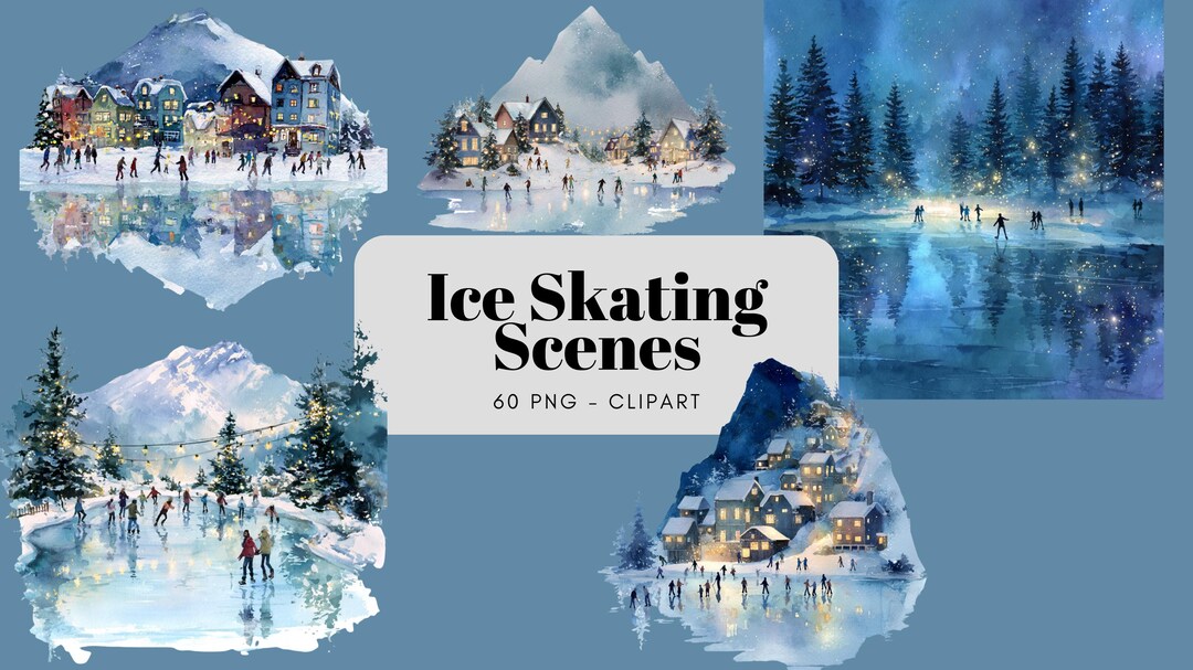 Ice Skating Scenes Frozen Ponds Watercolor Clipart - Etsy
