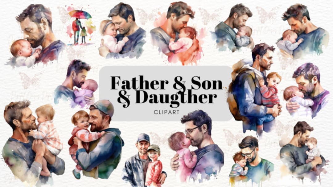 Watercolor Father Son and Daughter Clipart Art Card - Etsy