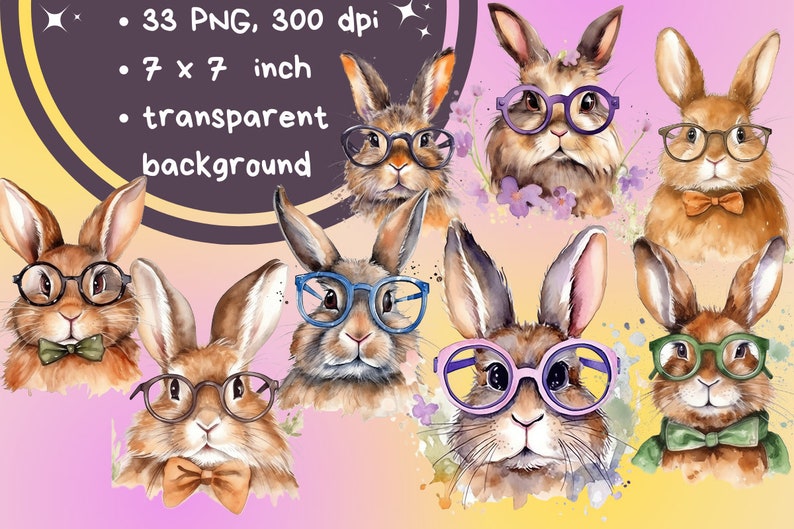33 Funny Bunny Watercolor Clipart, Nursery Clipart, Bunny in Glasses ...