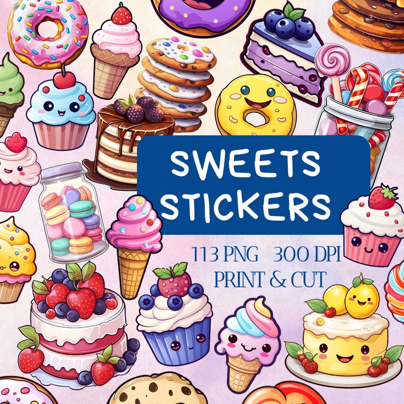 Cute Sweets PNG Bundle Stickers, Sticker Downloads, Digital Kawaii Food ...