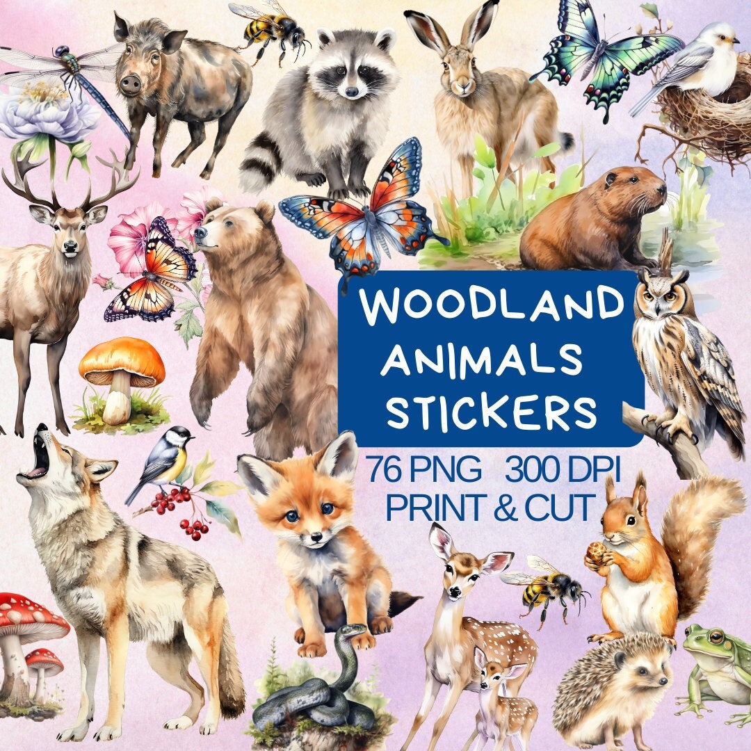 Woodland Animals PNG Bundle Stickers, Forest Animal Sticker Downloads ...