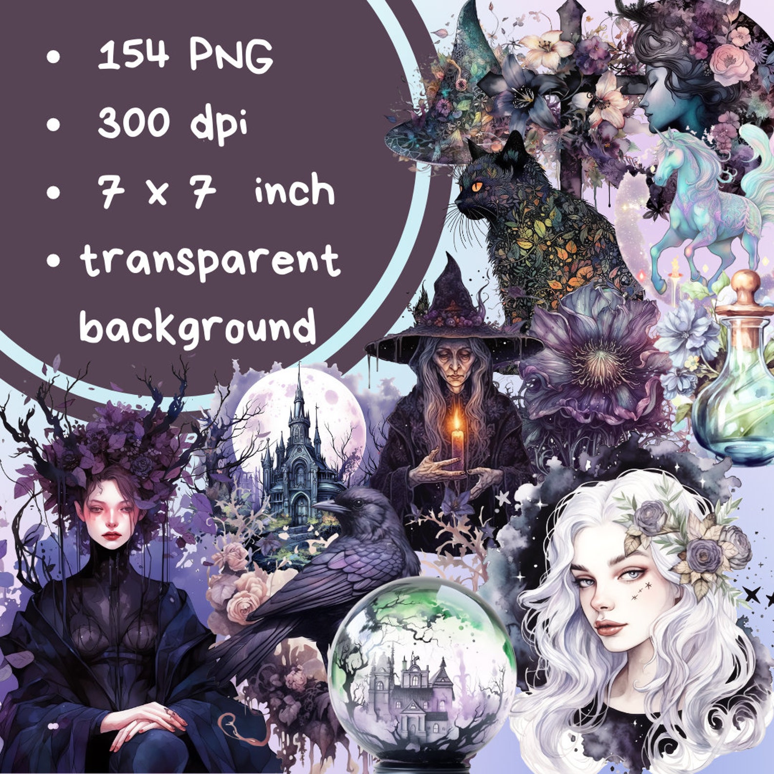 154 PNG Witches Watercolor Clipart Bundle, Mystical Clipart, Witchcraft ...
