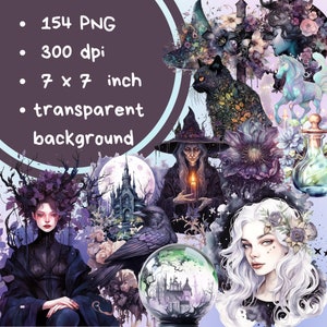 154 PNG Witches Watercolor Clipart Bundle, Mystical Clipart, Witchcraft ...