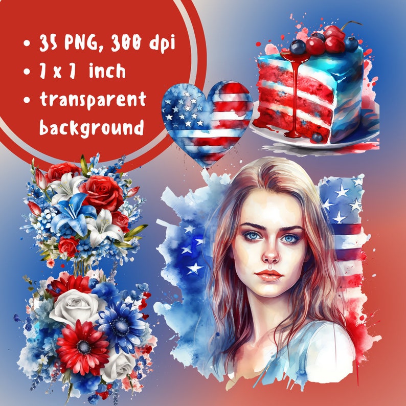 4th of July Watercolor Clipart Bundle: Patriotic PNG (digital Download ...