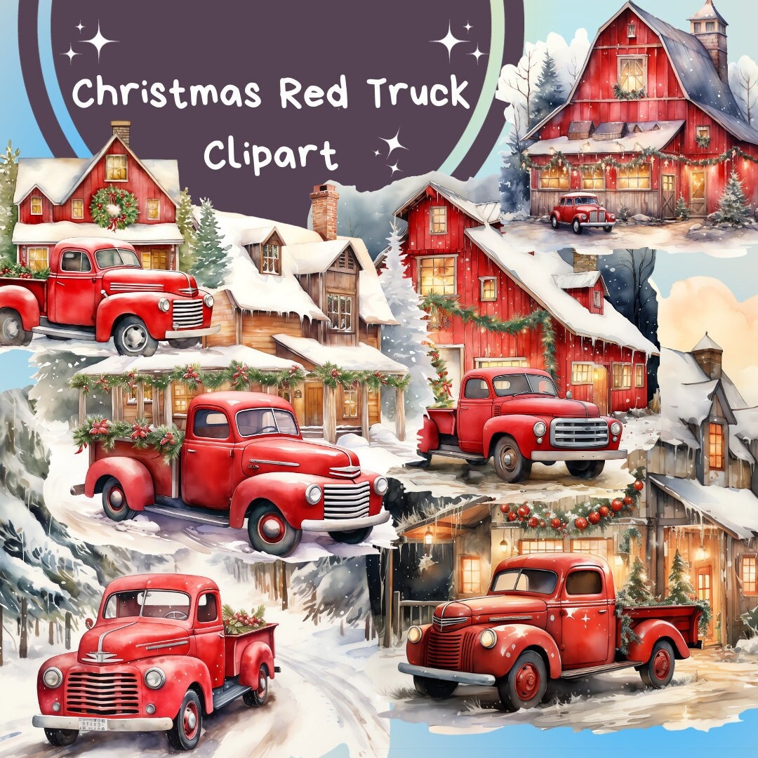 Christmas Red Truck Watercolor Clipart: Barn, Country Scene (PNG ...
