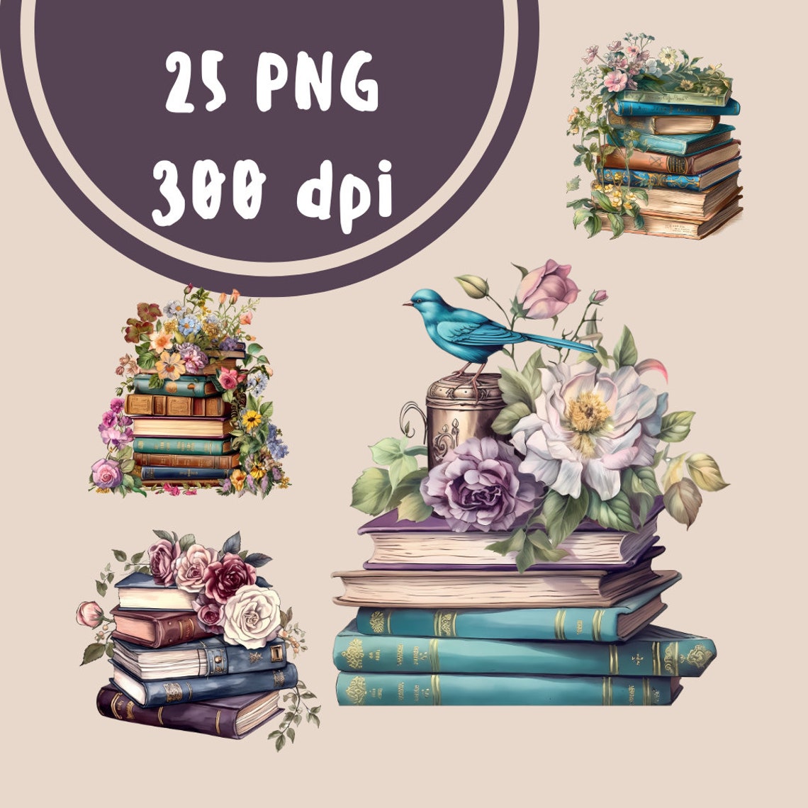 Watercolor Floral Books Clipart, Book Bundle PNG, Vintage Books ...